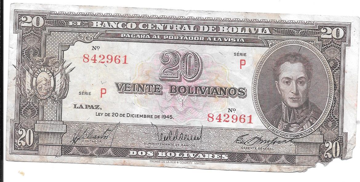 BOLIVIA 20 BOLIVIANOS 1945 - Numismática